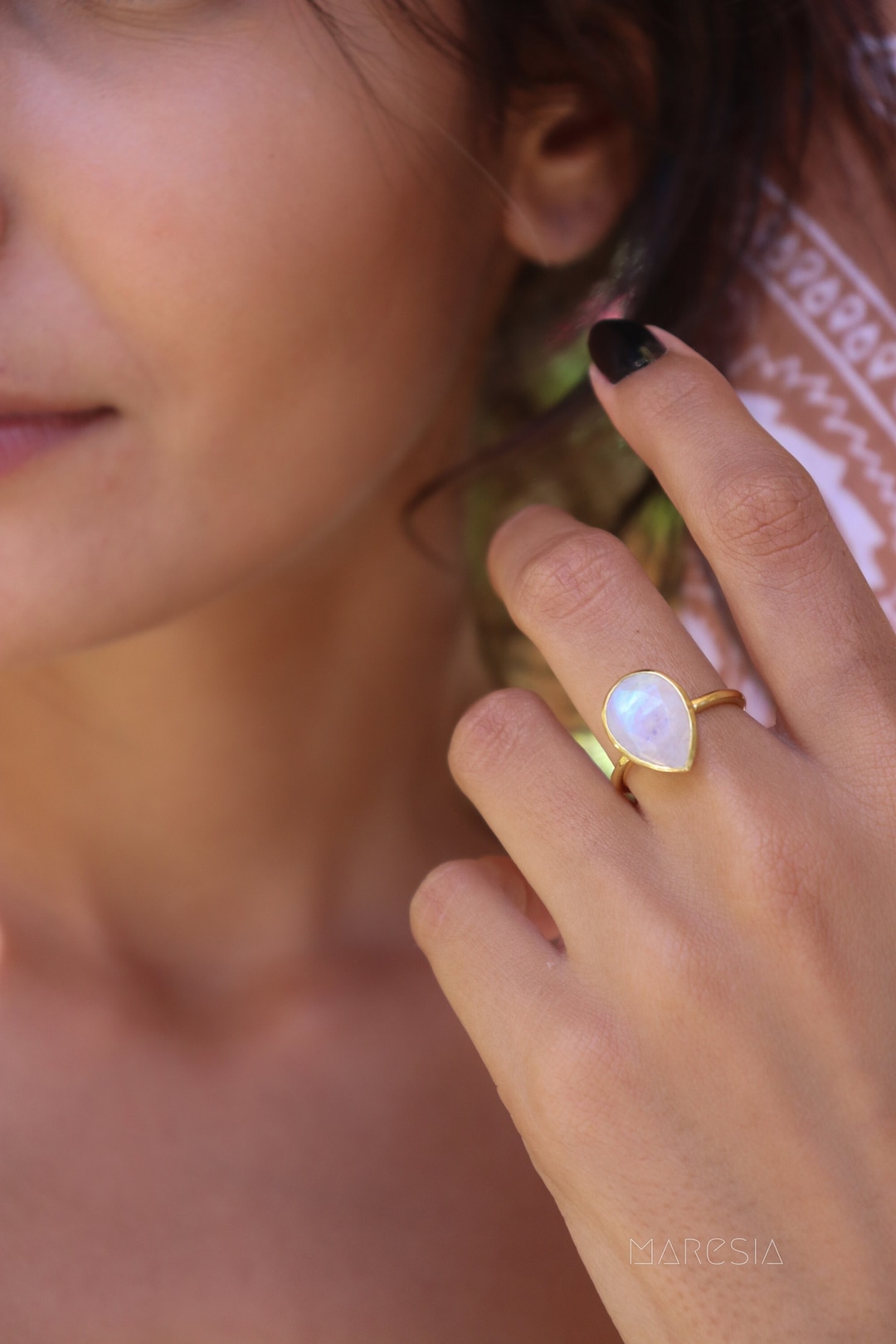 Rainbow Moonstone Tear Drop Ring ~ Gemstone ~ Natural ~ 18k Gold Plated ...