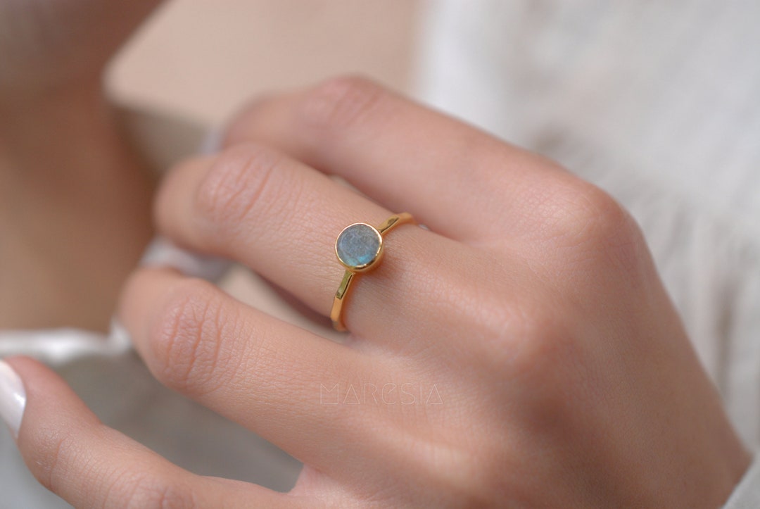 Rainbow Labradorite Ring~ Gemstone ~ Round~ Stackable~ Natural ~ 18k ...