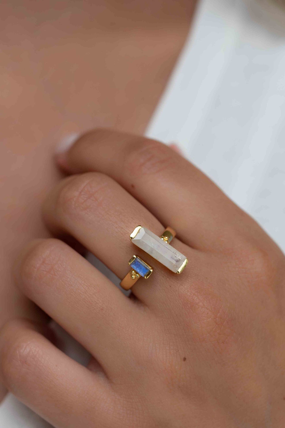 Moonstone & Labradorite Ring ~ Rectangular Stone ~ 18k Gold Plated ...