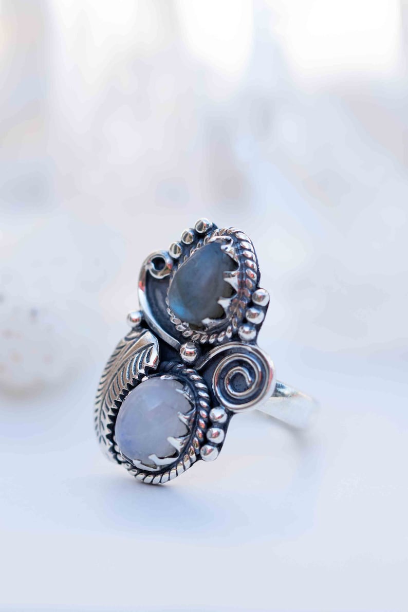 Rainbow Labradorite and Moonstone Ring Large ~gemstone ~ Sterling ...