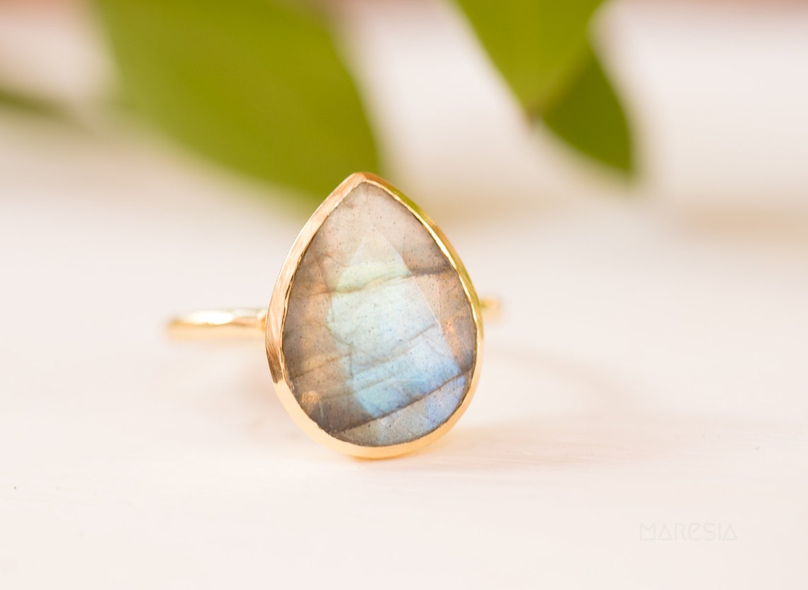 Rainbow Labradorite Tear Drop Ring Gemstone Natural 18k - Etsy