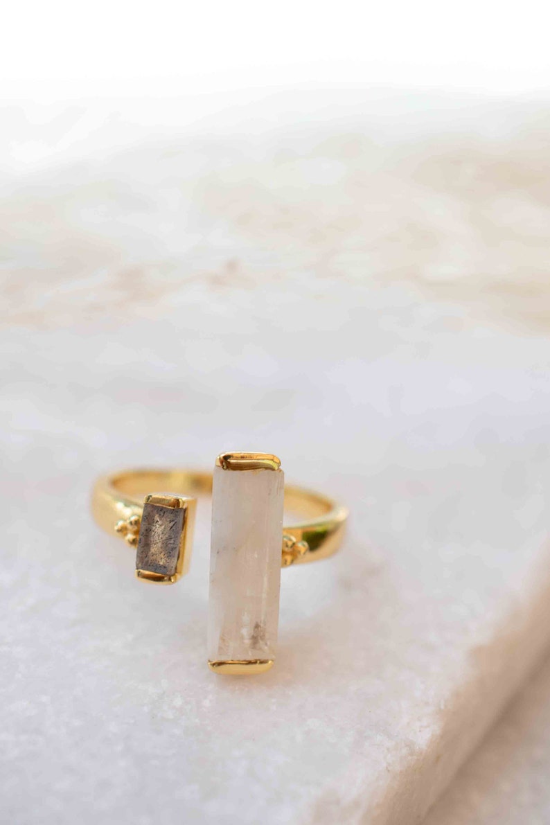 Moonstone & Labradorite Ring ~ Rectangular Stone ~ 18k Gold Plated ...