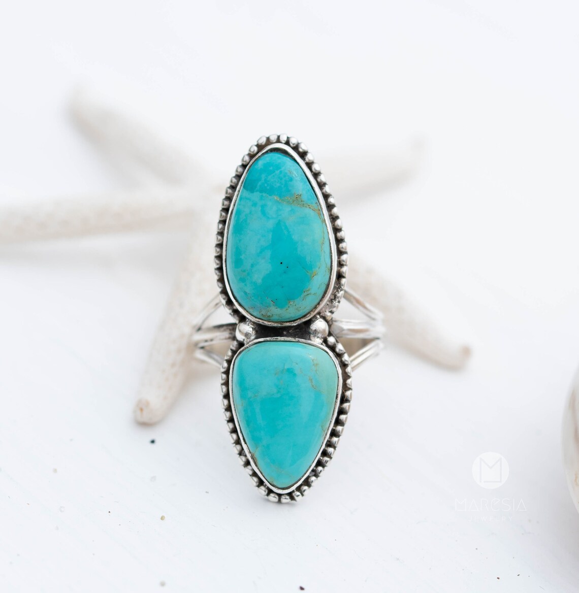 Double Turquoise Ring Sterling Silver 925 Handmade | Etsy
