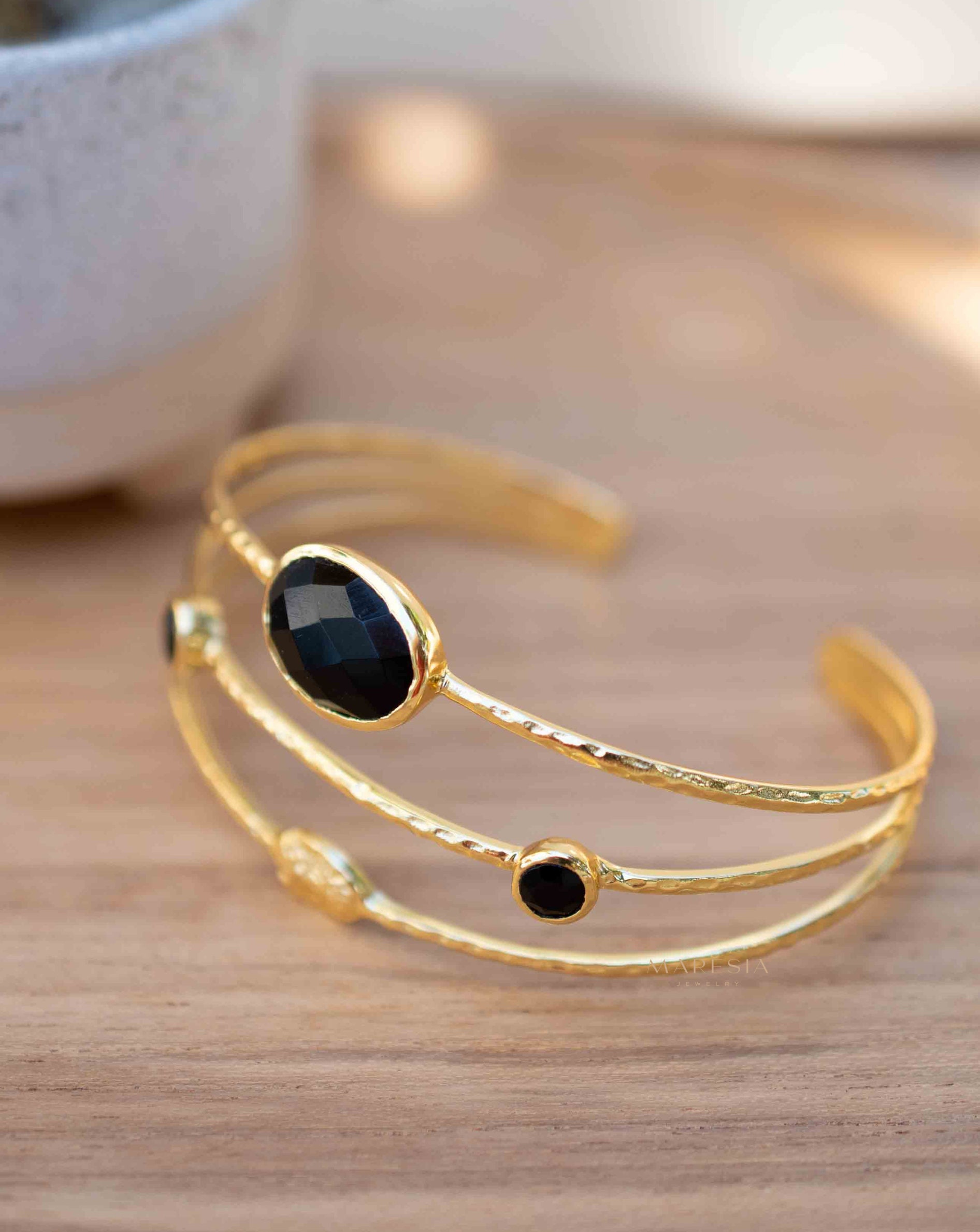 Black Onyx Adjustable Bracelet ~ Gold Plated 18k ~ Handmade Black Onyx Adjustable Bracelet ~ Gold Plated 18k ~ Handmade