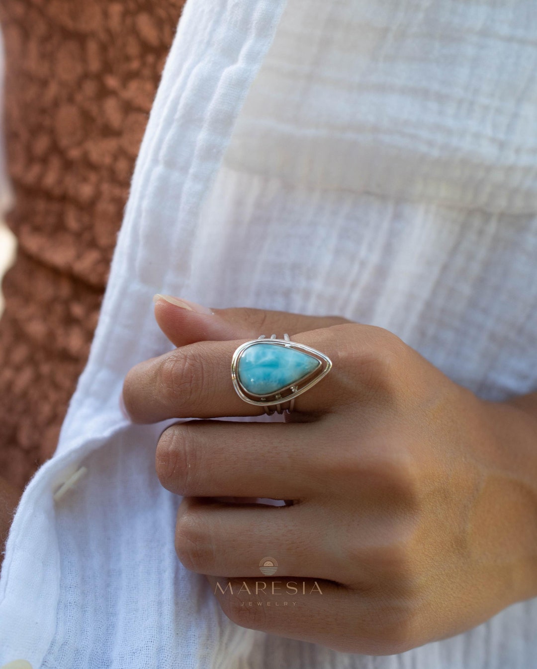 Larimar Ring ~ Statement ~ Edelstein ~ Halbedelstein ~ Blau ~ Weiss ...