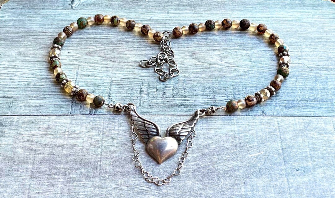 Sterling Silver Heart With Wings Pendant Handmade Beaded Necklace - Etsy