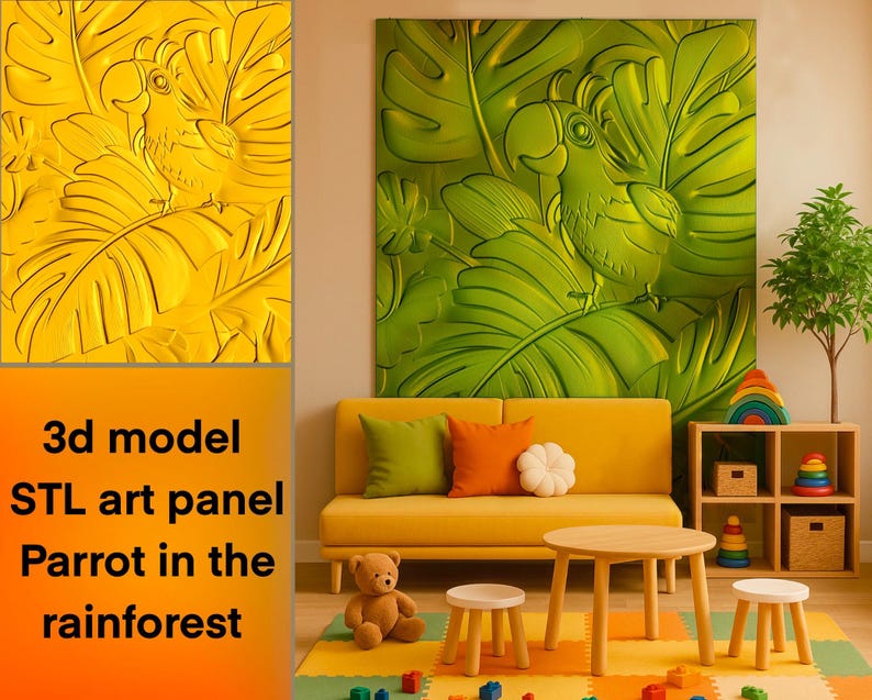 Jungle Parrot Wall Art STL – 3D Carved Tropical Panel Design for CNC ...