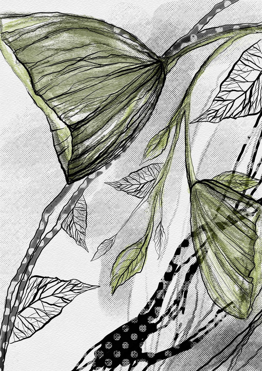 Abstract Digital Poster, Green Leaves Painting for Living Room ...
