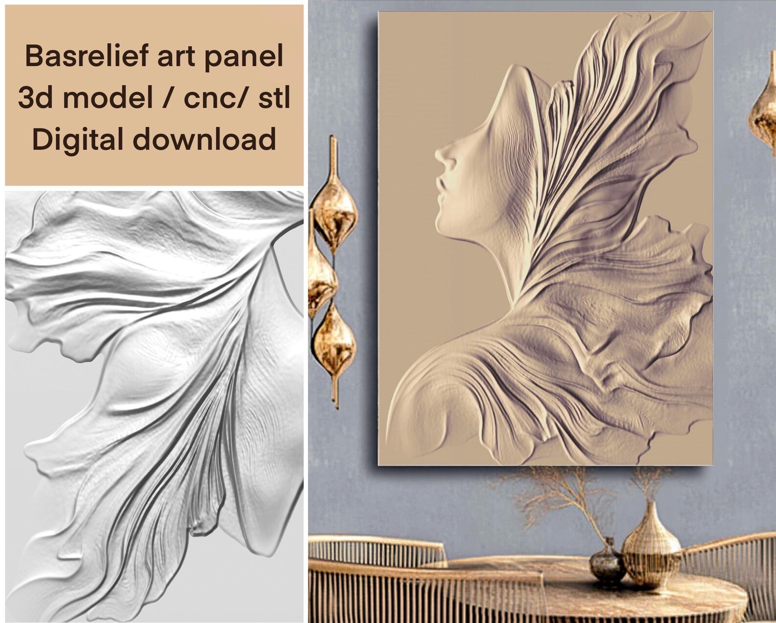 Abstract Botanical 3D Bas-relief Wall Panel - STL File for CNC & 3D ...