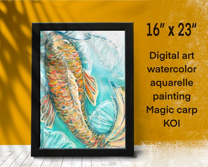 Digital Watercolor Carp KOI Painting Art Poster, Aquarelle Magic Fish ...