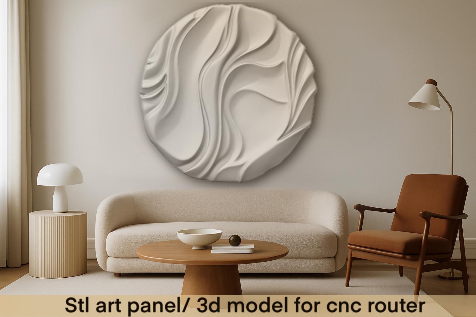 Modern Wave Pattern Wall Art STL | Round 3D Relief Sculpture for CNC ...