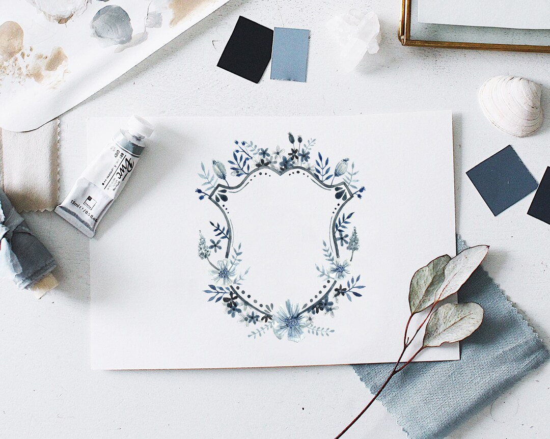 Watercolor Blue Floral Crest for Instant Download, Wedding Crest ...