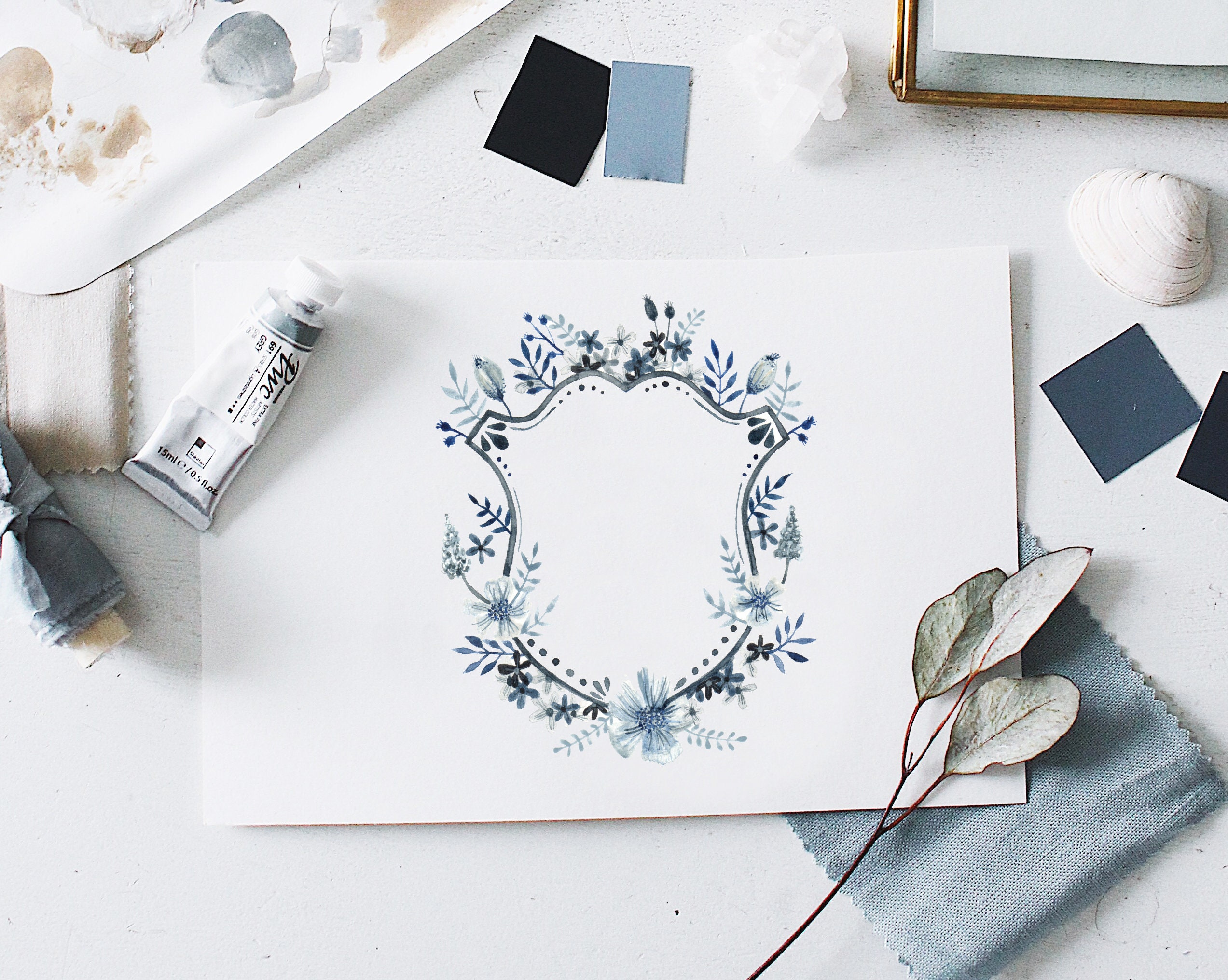 Watercolor Blue Floral Crest for Instant Download, Wedding Crest ...