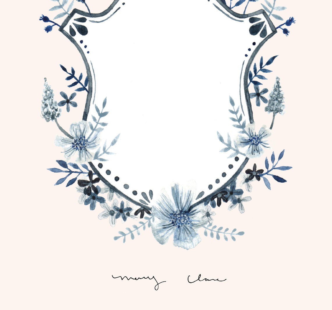 Watercolor Blue Floral Crest for Instant Download, Wedding Crest ...