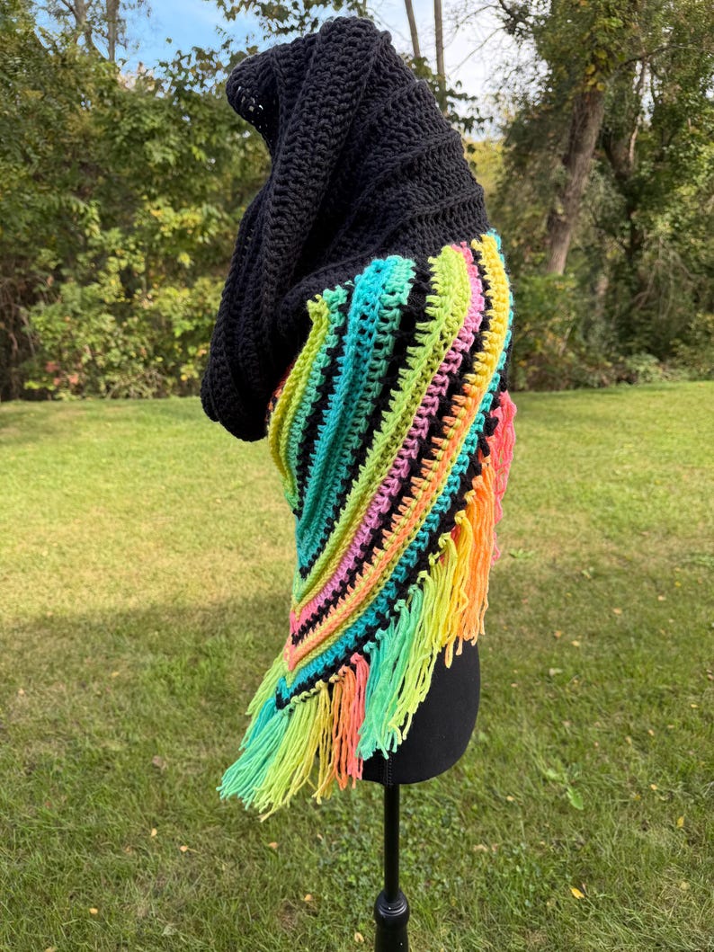 Crochet Hooded Scarf, Black and Neon Rainbow Wild Oleander Shawl Snood ...