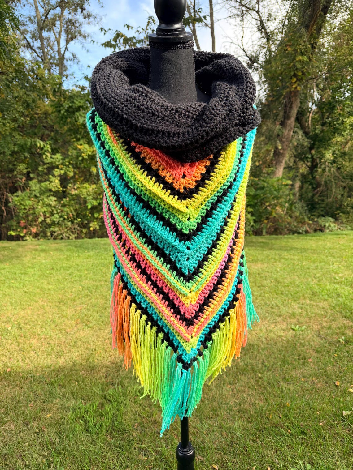 Crochet Hooded Scarf, Black and Neon Rainbow Wild Oleander Shawl Snood ...