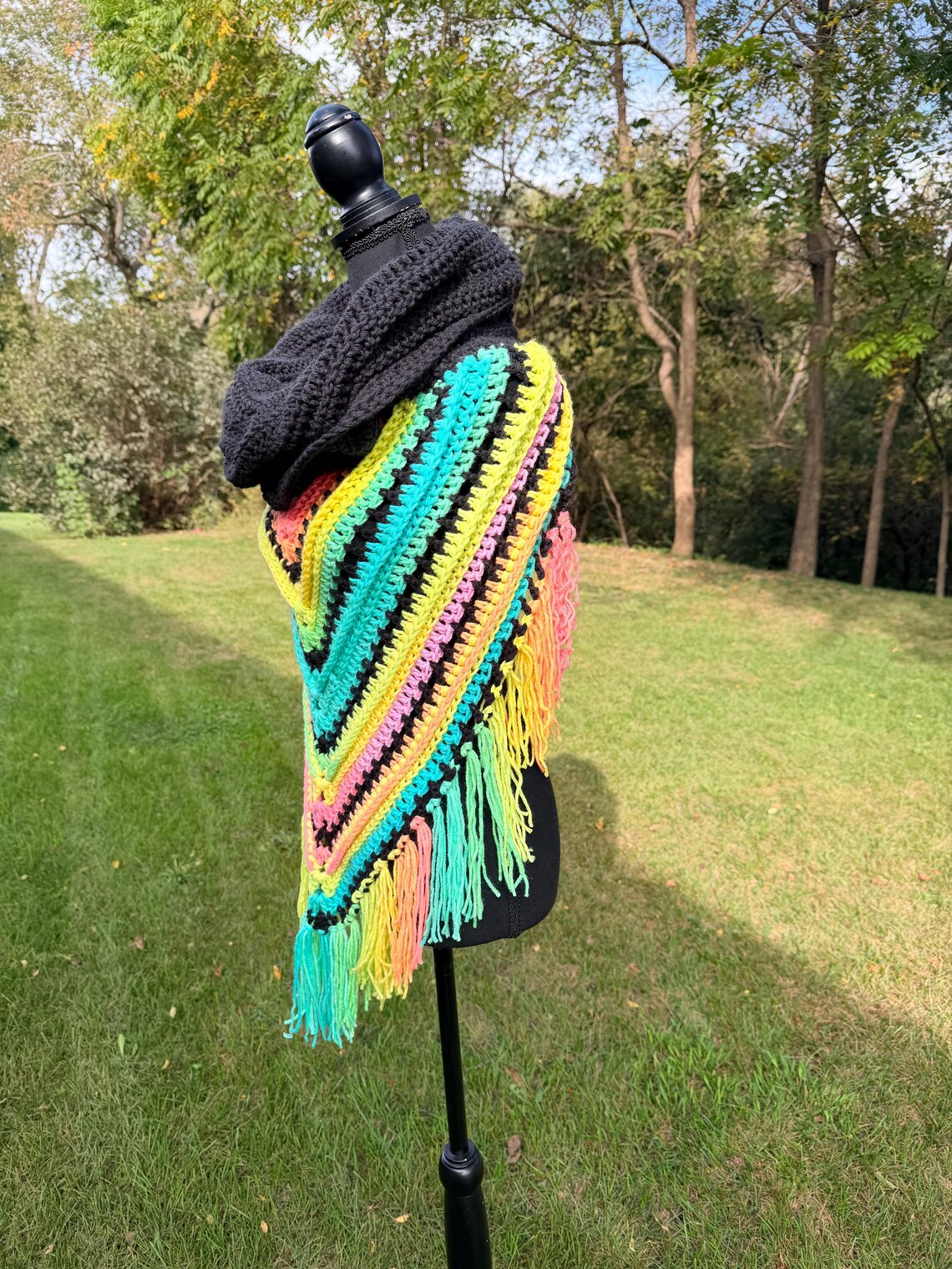 Crochet Hooded Scarf, Black and Neon Rainbow Wild Oleander Shawl Snood ...