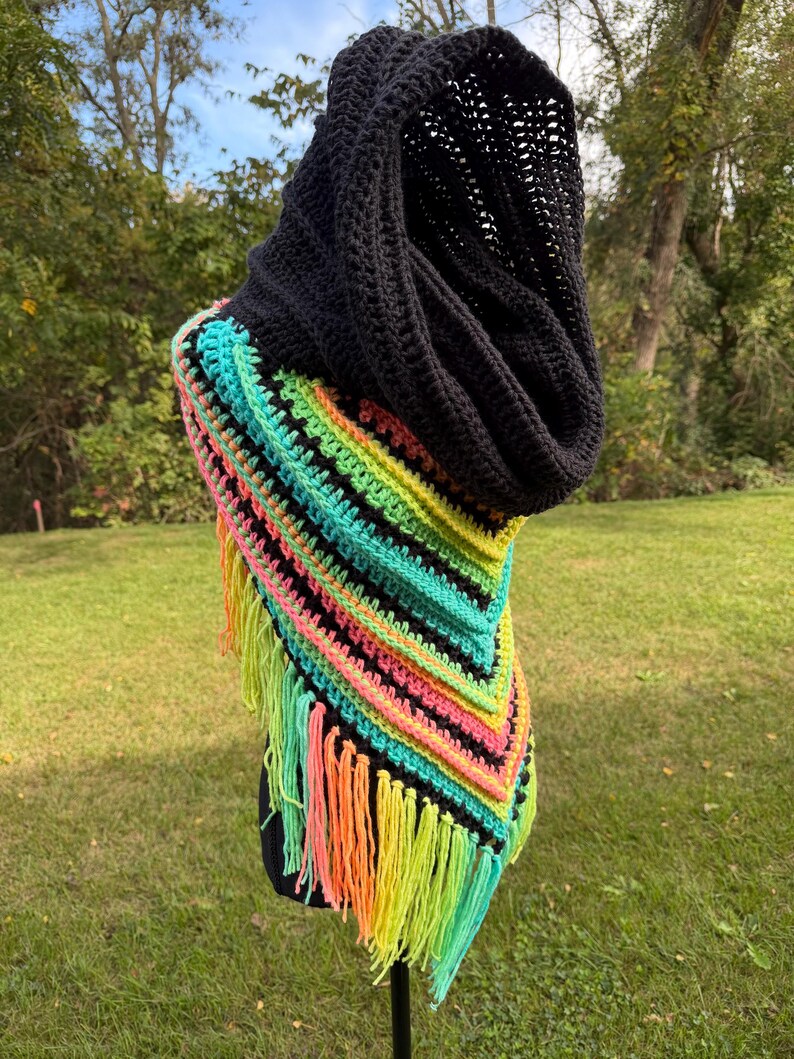 Crochet Hooded Scarf, Black and Neon Rainbow Wild Oleander Shawl Snood ...