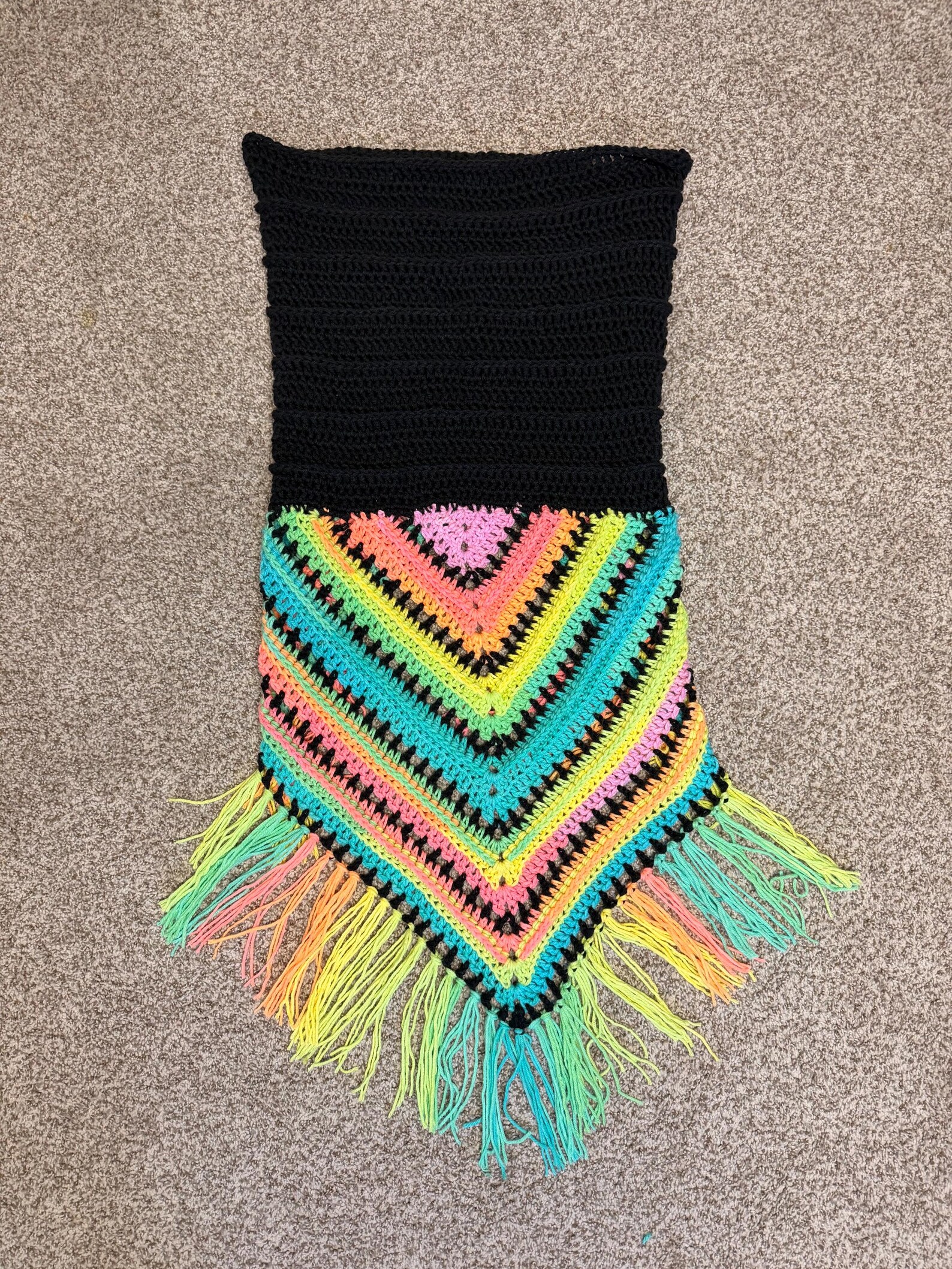 Crochet Hooded Scarf, Black and Neon Rainbow Wild Oleander Shawl Snood ...