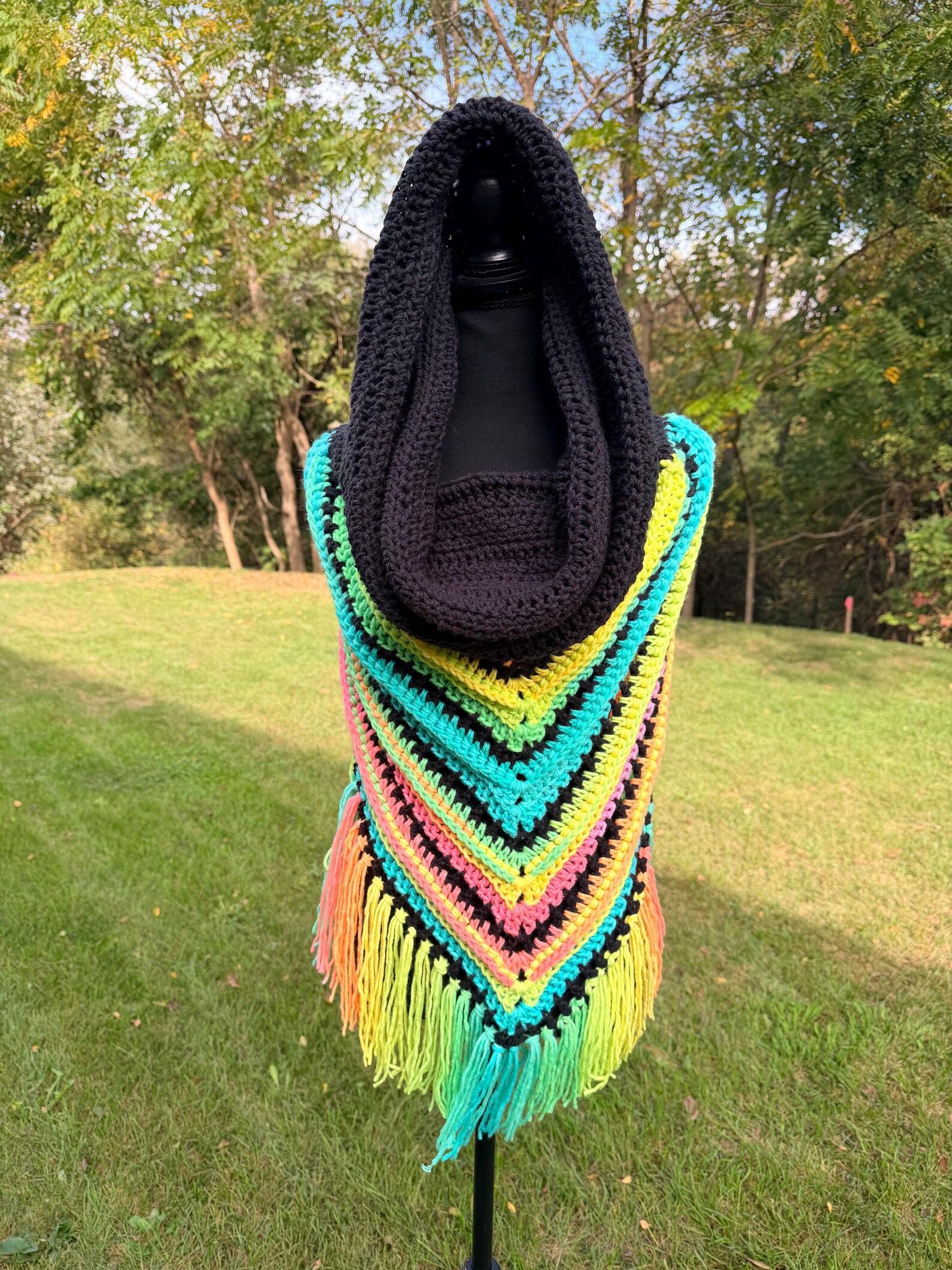 Crochet Hooded Scarf, Black and Neon Rainbow Wild Oleander Shawl Snood ...