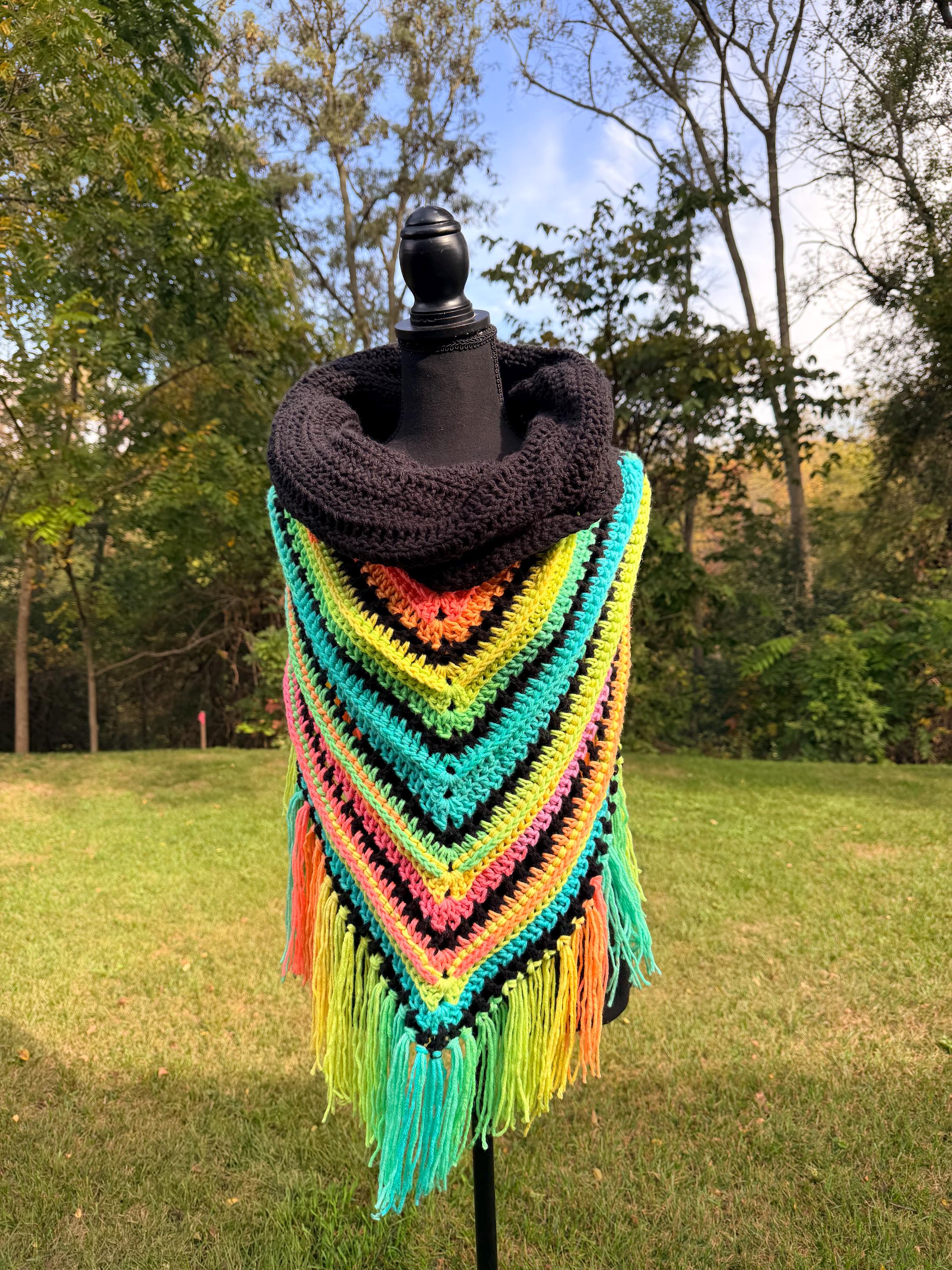 Crochet Hooded Scarf, Black and Neon Rainbow Wild Oleander Shawl Snood ...