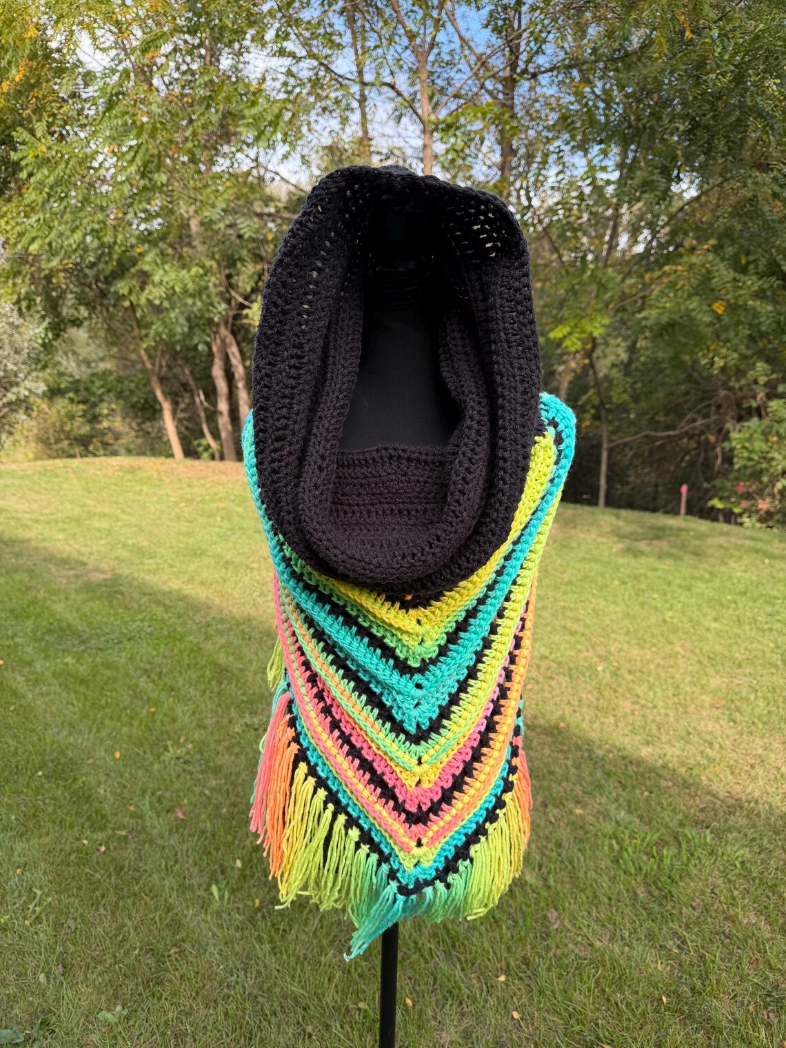 Crochet Hooded Scarf, Black and Neon Rainbow Wild Oleander Shawl Snood ...