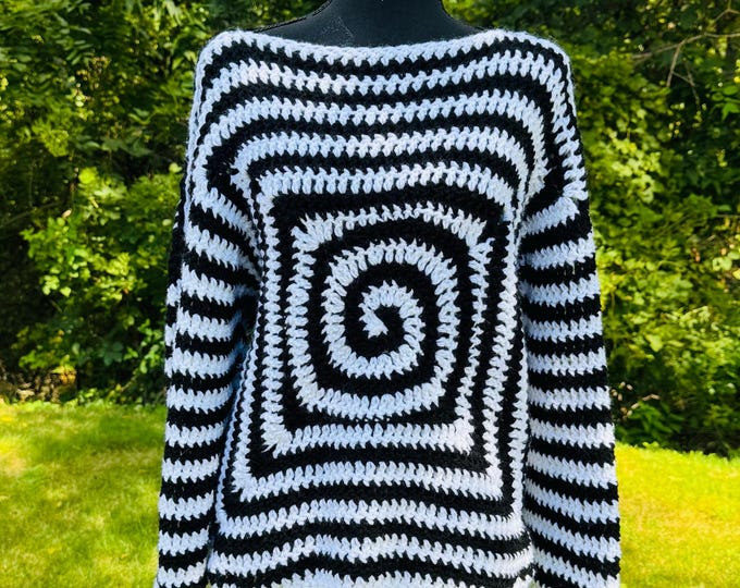 Crochet Black and White Swirl Sweater: Spiral Long Sleeve Top ...