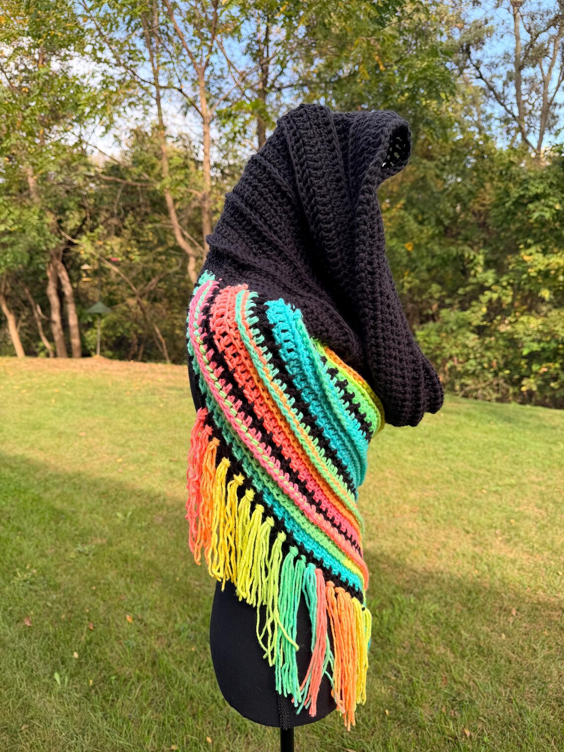 Crochet Hooded Scarf, Black and Neon Rainbow Wild Oleander Shawl Snood ...