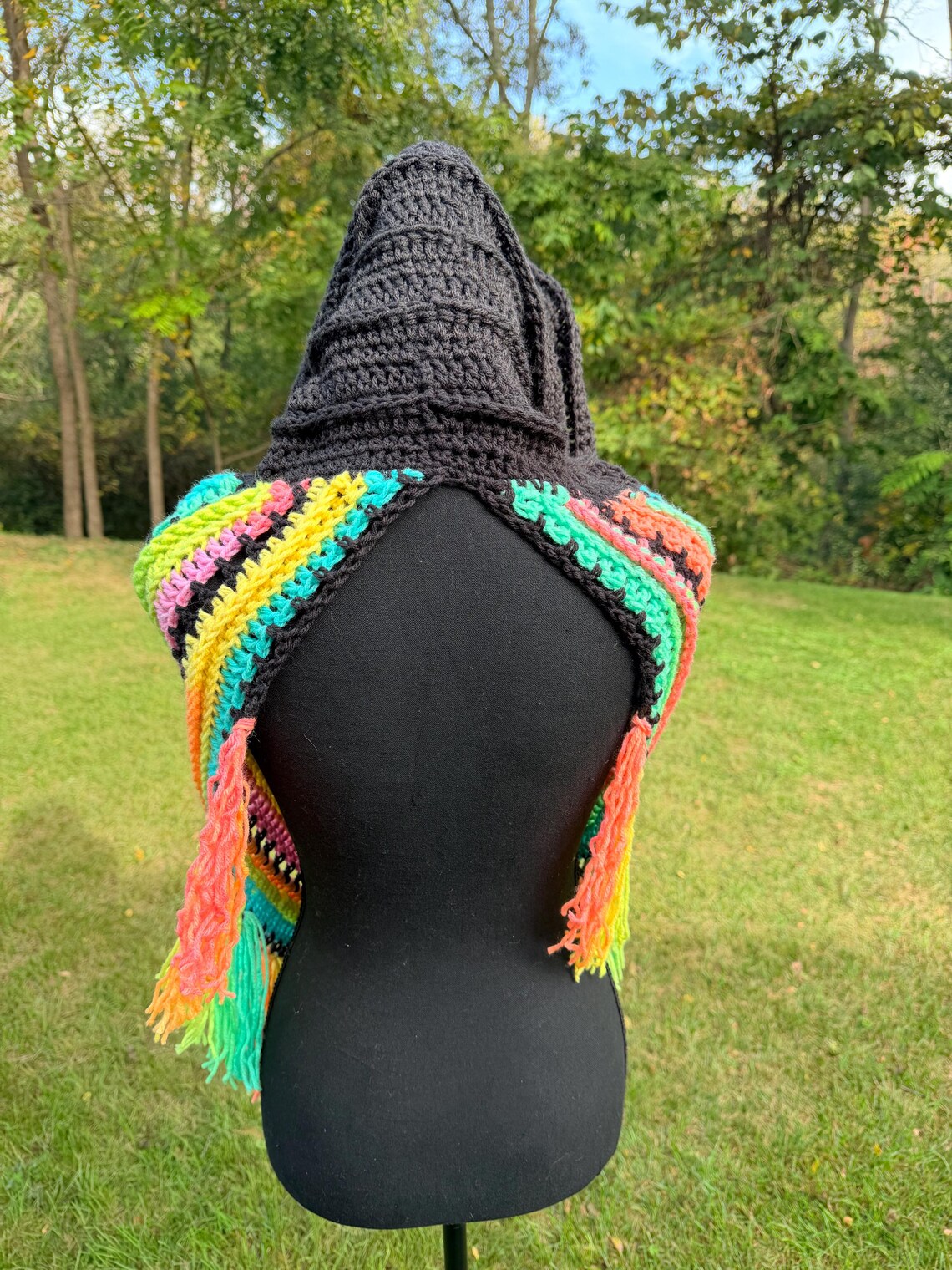 Crochet Hooded Scarf, Black and Neon Rainbow Wild Oleander Shawl Snood ...