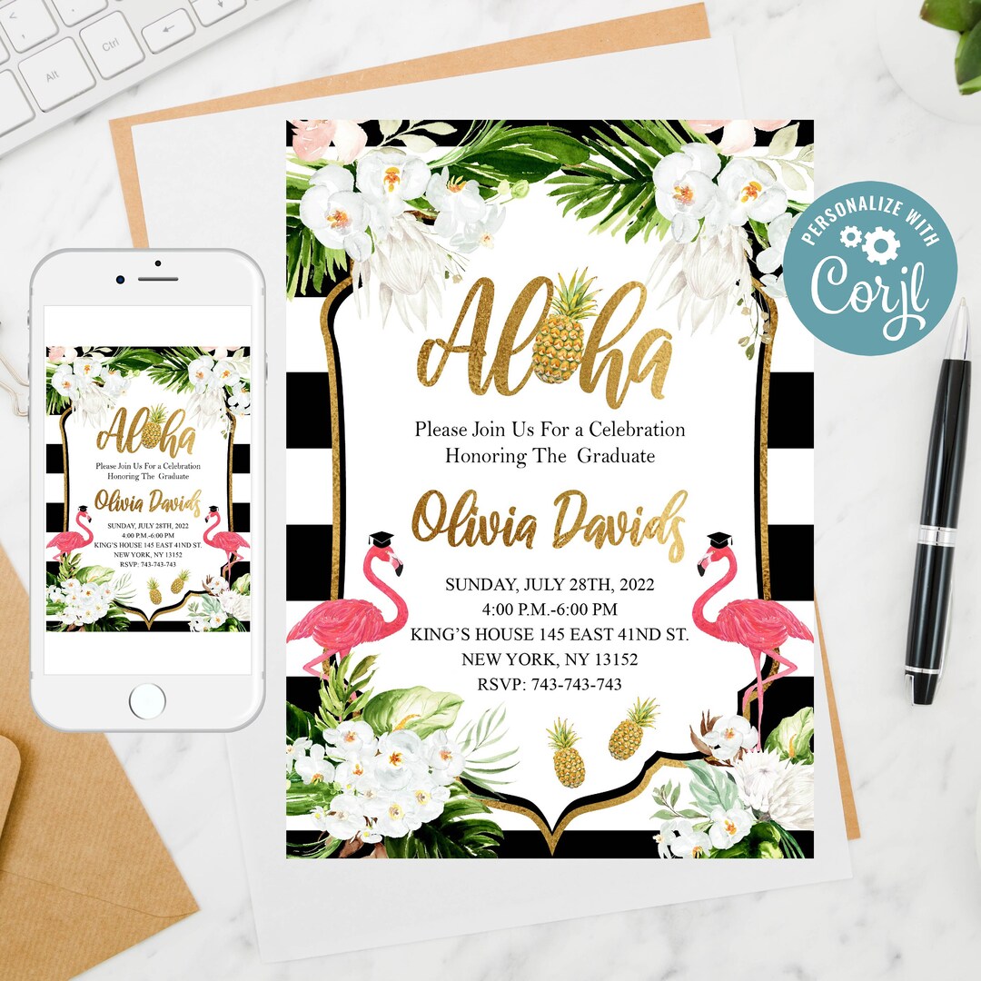 Edible Flamingo Graduation Party Invitation, Aloha Invitation,tropical ...