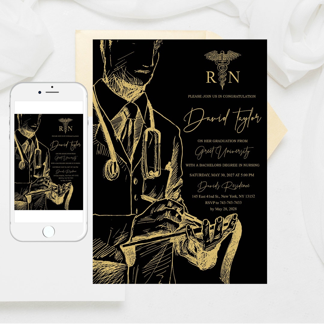 Editable Nursing Graduation Invitation: Black & Gold RN Invite (digital ...
