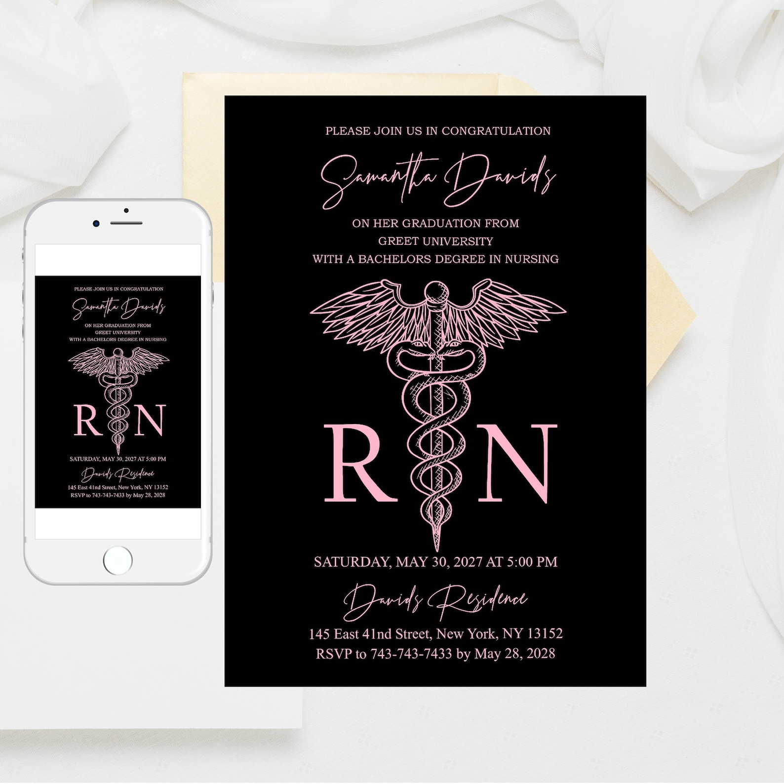 Editable Nursing Graduation Invitation: Pink & Black RN Design (digital ...