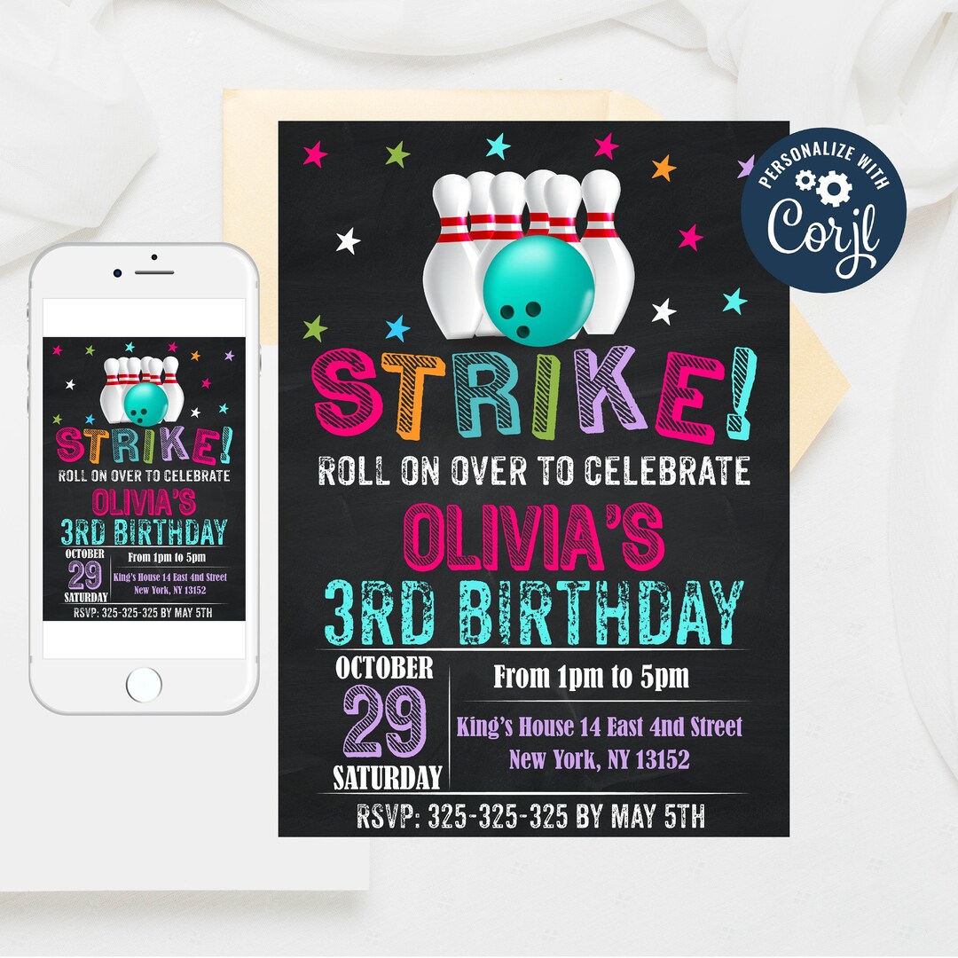 Editable Bowling Invitation, Bowling Birthday Party Invite, Girl ...