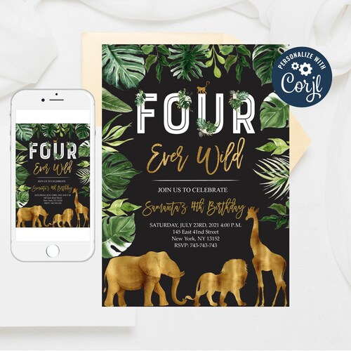 Four Ever Wild 4th Birthday Invitation Editable Template 4th - Etsy