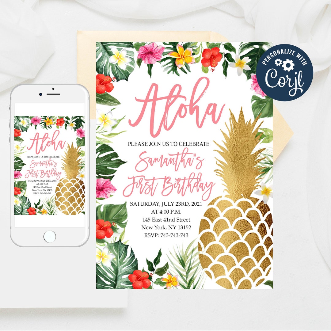 Editable Girl Aloha Birthday Invitation, Pineapple Birthday Invite ...