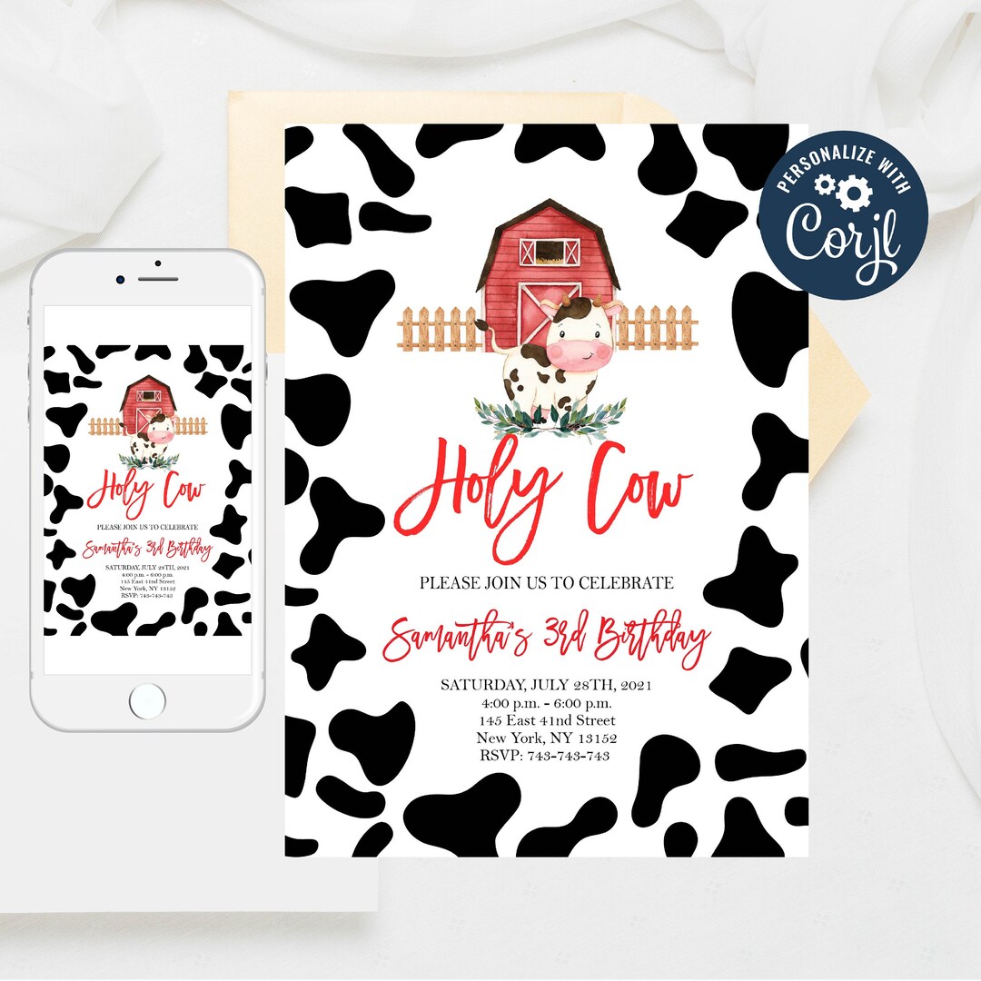 Editable Cow Birthday Invitation Boy Red Farm Animals Birthday Invite ...