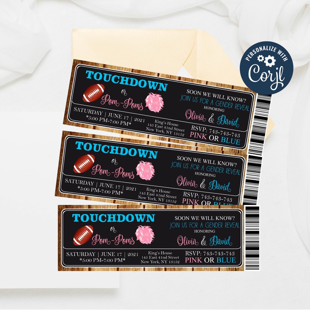 Editable Touchdown or Pom Poms Gender Reveal Invitation, Ticket Gender ...
