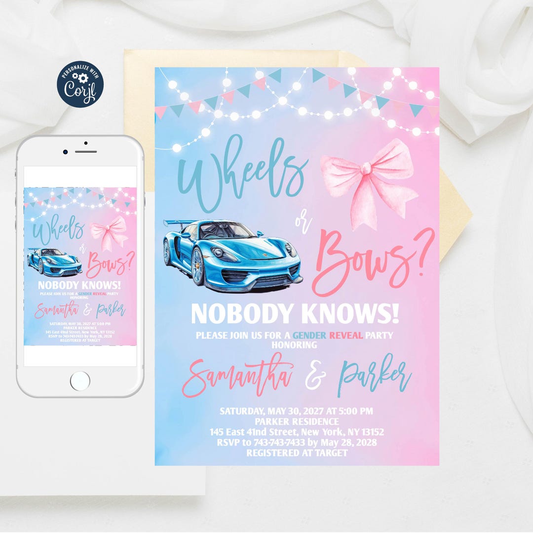 Editable Wheels or Bows Gender Reveal Invitation, Cars Wheels,pink or ...