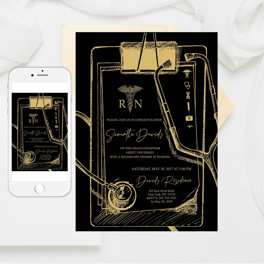 Editable Nursing Graduation Invitation: Black & Gold RN Design (digital ...