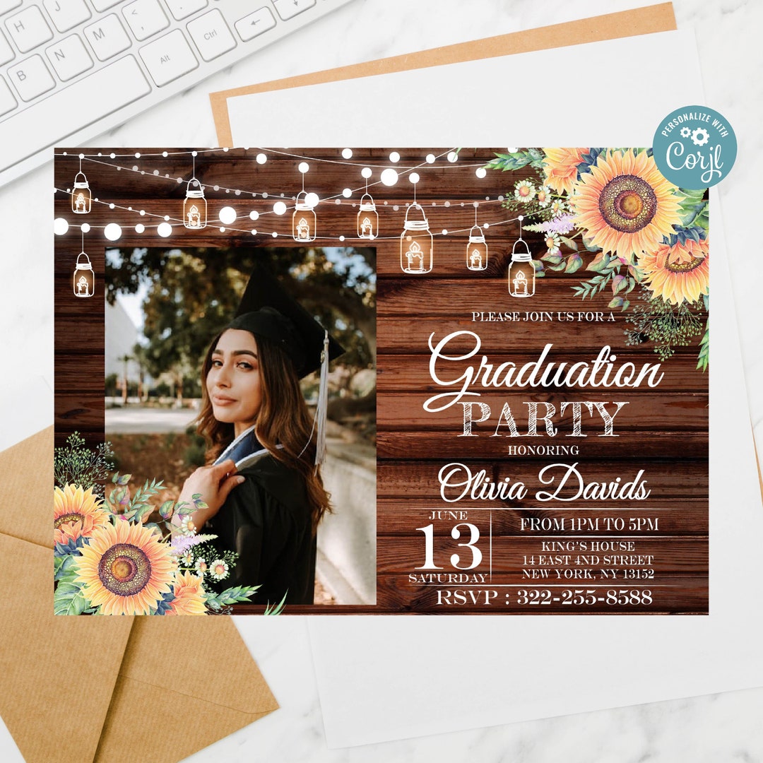 Editable Sunflower Graduation Party Invitation, Graduation Photo Party ...
