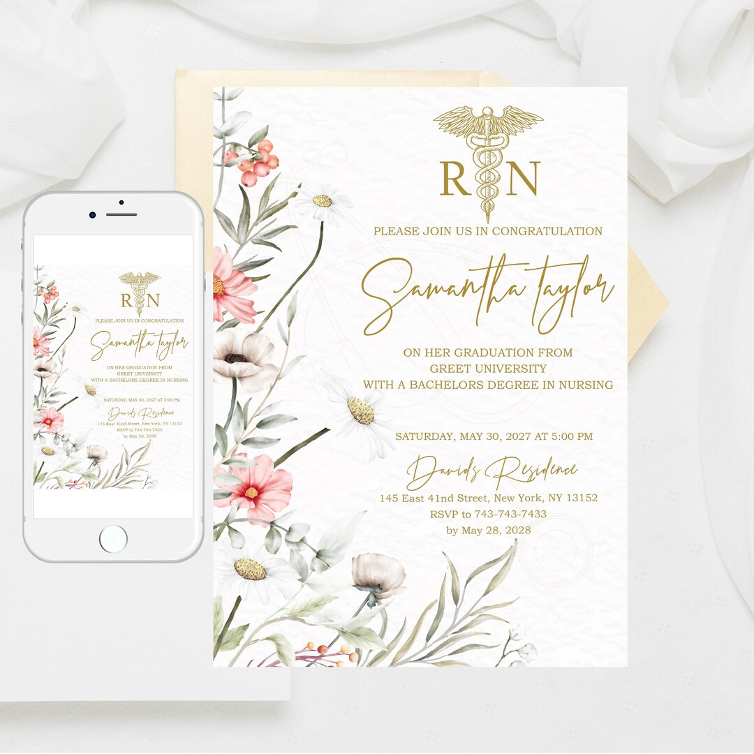 Editable Wildflowers Nursing Graduation Invitation, Licensed Vocational ...