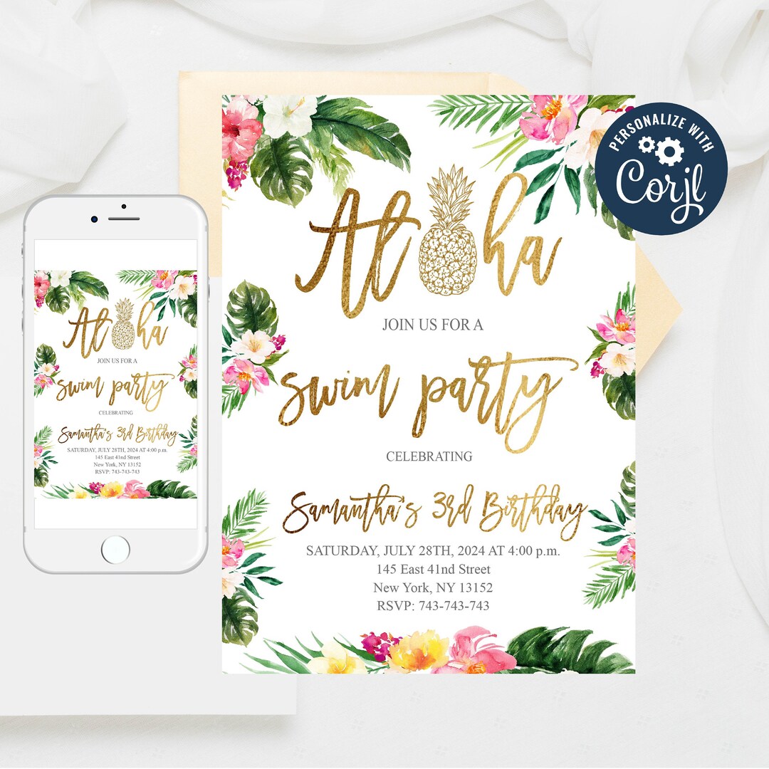 Editable Aloha Pool Party Tropical Birthday Party Invitation, Luau Swim ...
