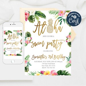 Editable Aloha Pool Party Tropical Birthday Party Invitation, Luau Swim ...