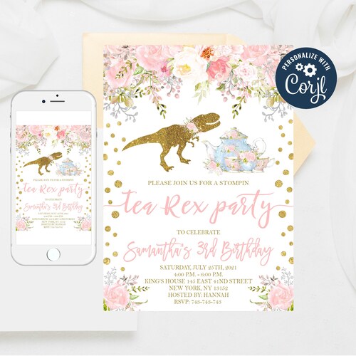 Editable Dinosaur Tea Party Invitation Tea Rex Birthday - Etsy