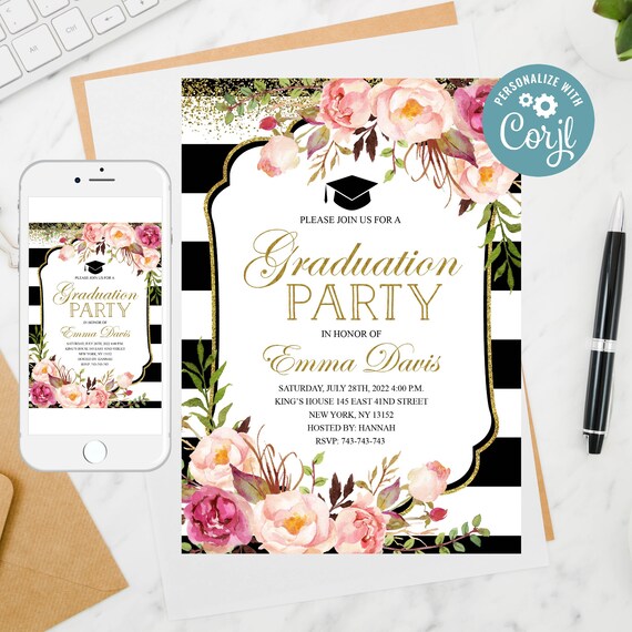 Editable Graduation Invitation Floral Graduation Photo Party - Etsy