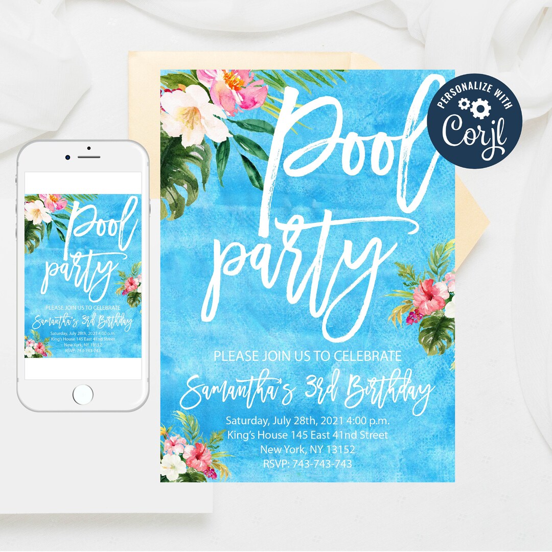 Editable Pool Party Invitation, Pool Party Invite, Summer Party, Splash ...