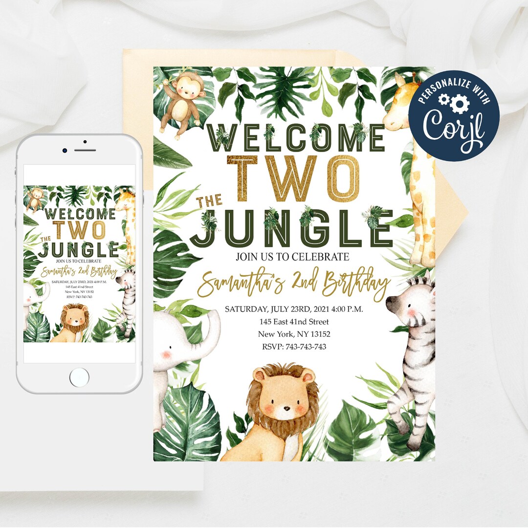 Editable Welcome Two the Jungle Invite, WILD Animal Invitations,party ...