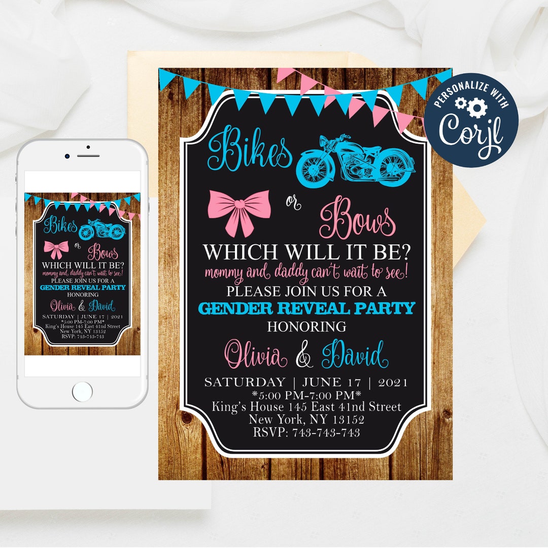 Editable Gender Reveal Party Invitation, Bikes or Bows Gender Reveal ...