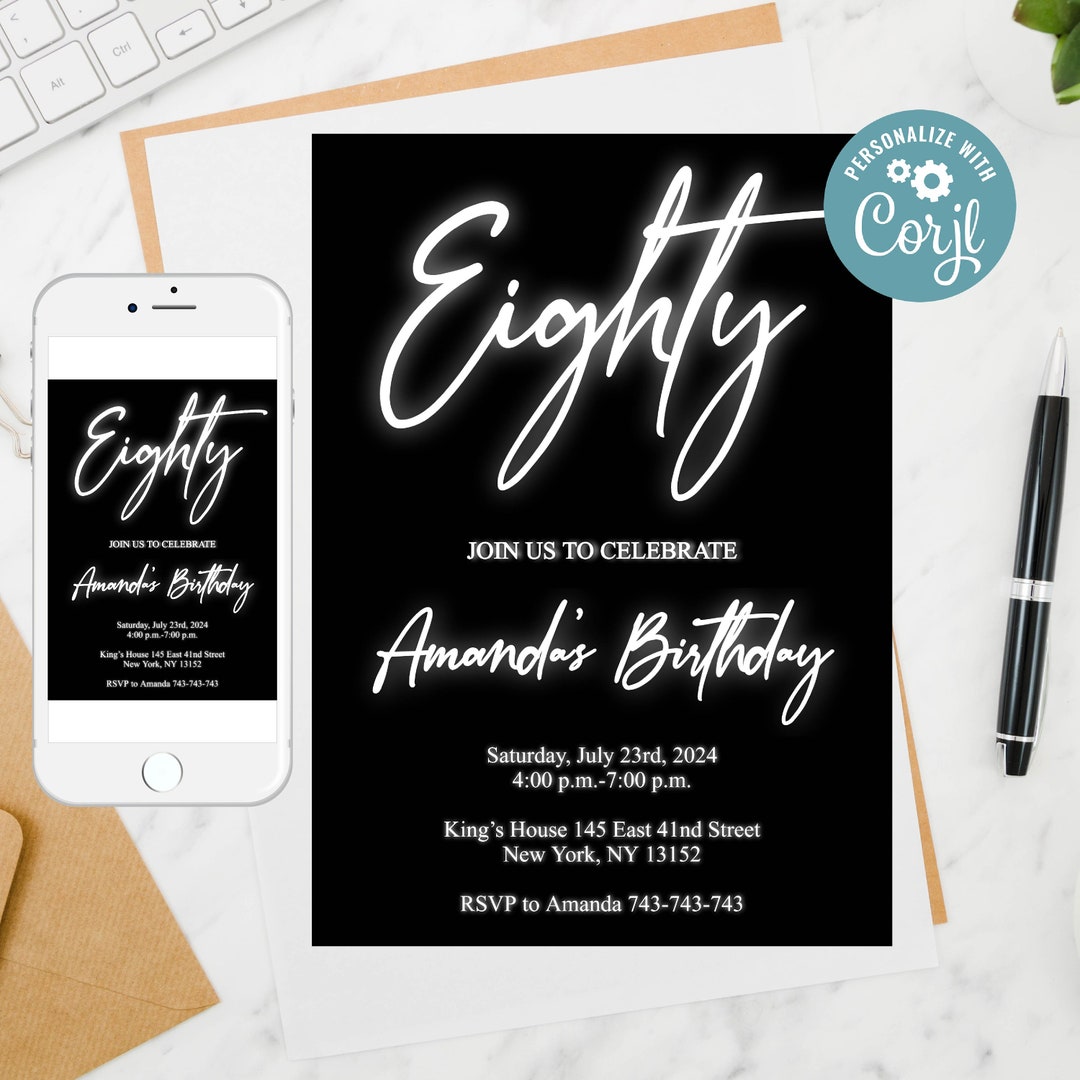 Editable Neon 80th Birthday Invitation, Elegant Black Eighty Invite ...