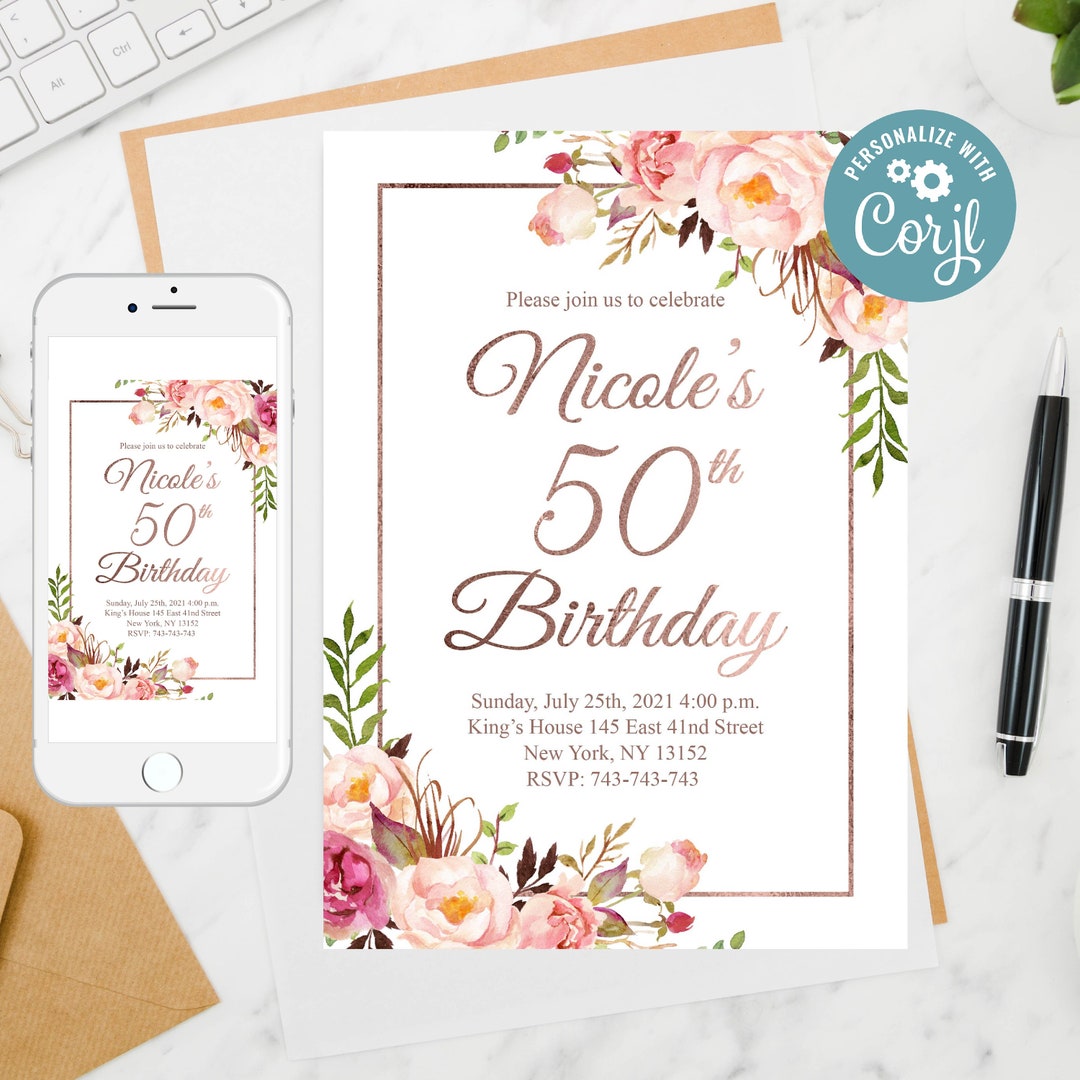 Editable 50th Birthday Invitation,floral Women Birthday Invite,women ...